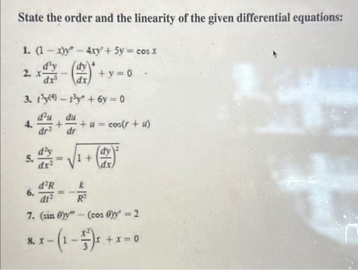 Solved State the order and the linearity of the given | Chegg.com