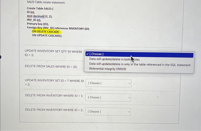 Solved INVENTORY SALES SALES Table create statement: Create | Chegg.com