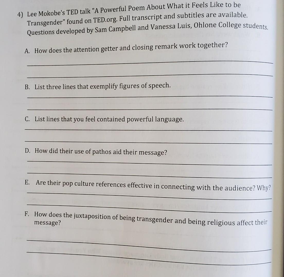 4) Lee Mokobe's TED talk "A Powerful Poem About What | Chegg.com
