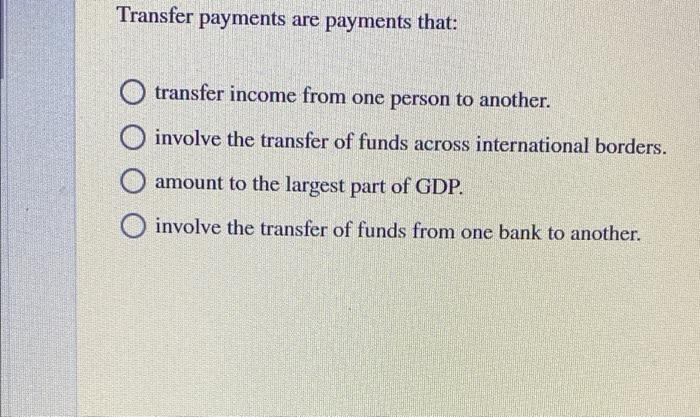 Solved Transfer payments are payments that: transfer income | Chegg.com