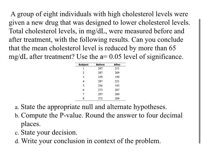Solved A group of eight individuals with high cholesterol | Chegg.com