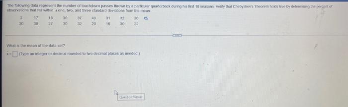 Solved The following data represent the number of touchdown | Chegg.com