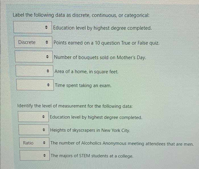 Solved Label the following data as discrete, continuous, or | Chegg.com