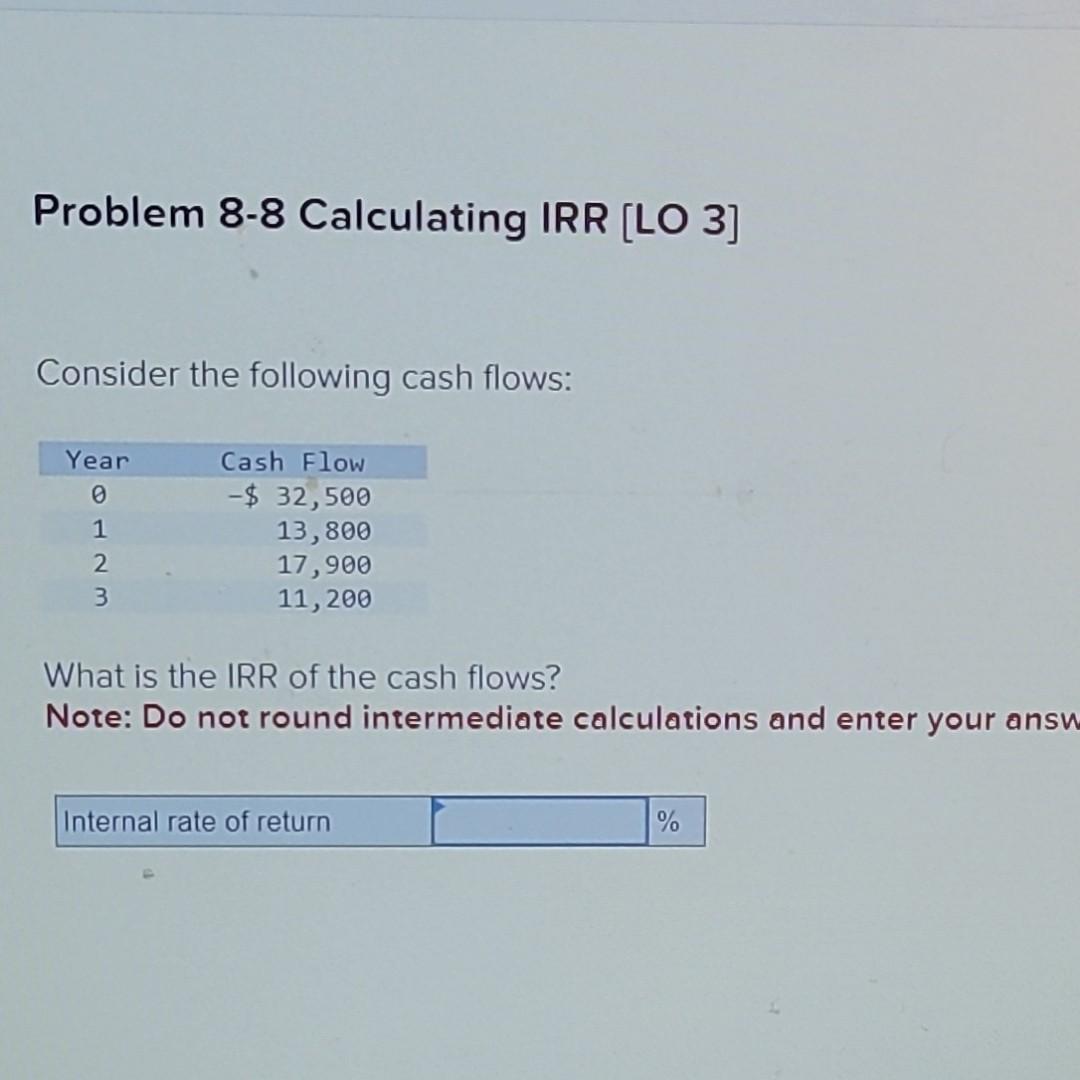 Solved ook Int rint rences Problem 8-8 Calculating IRR [LO | Chegg.com