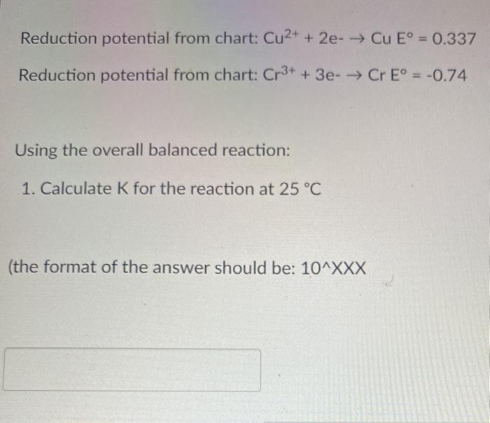 Solved Reduction potential from chart: Cu2+ + 2e- → Cu E° = | Chegg.com