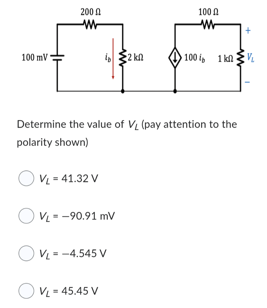 Solved 200 Ω WWW 100 Ω WWW VL = 41.32 V VL = -90.91 mV VL = | Chegg.com