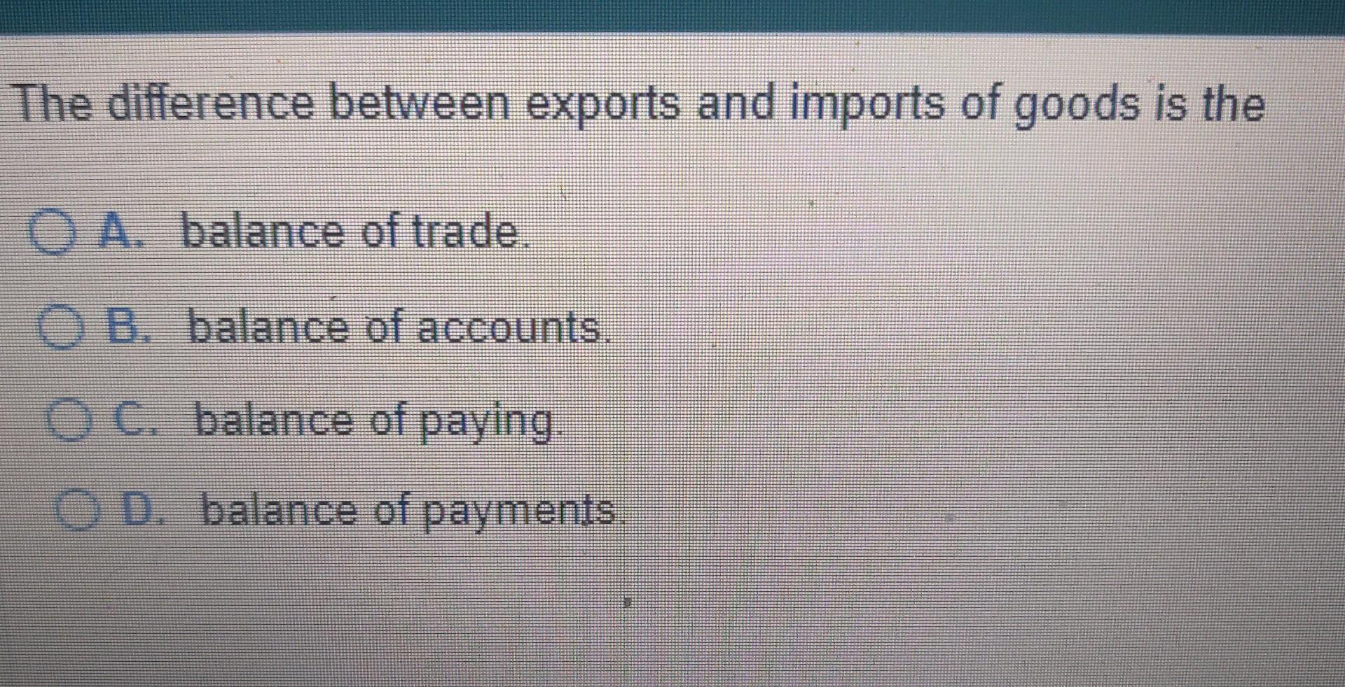 Solved The difference between exports and imports of goods | Chegg.com