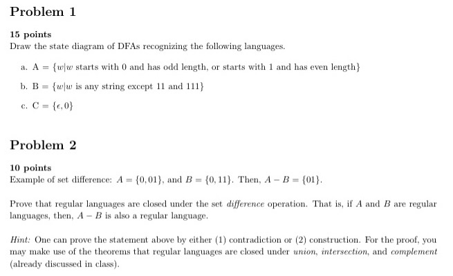 Solved Problem 1 15 points Draw the state diagram of DFAs | Chegg.com