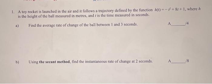 Solved 1. A toy rocket is launched in the air and it follows | Chegg.com