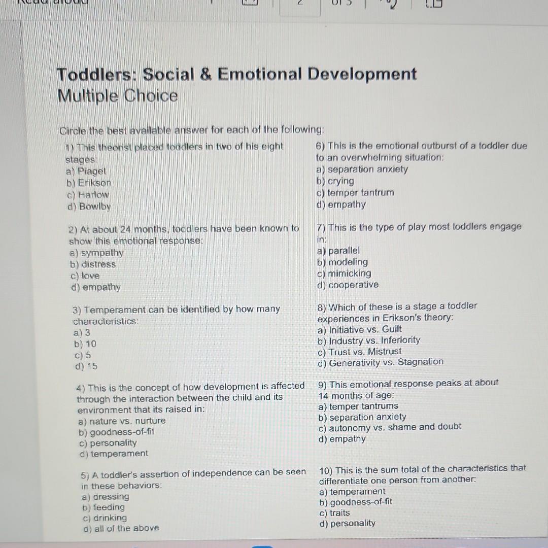 Toddlers: Social \&. Emotional Development Multiple | Chegg.com