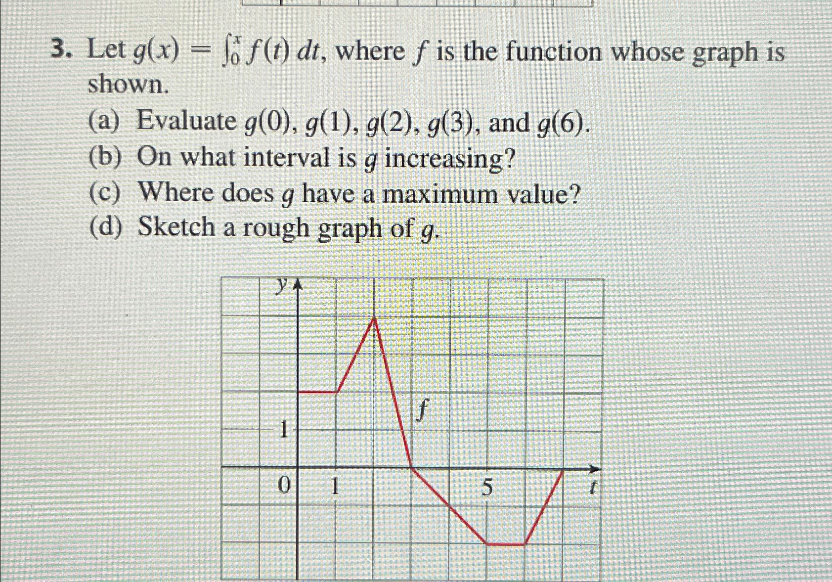 Solved Let g(x)=\\\\int_0^x f(t)dt, where f is the function | Chegg.com Solved Let g(x)=\\\\int_0^x f(t)dt, where f is the function | Chegg.com