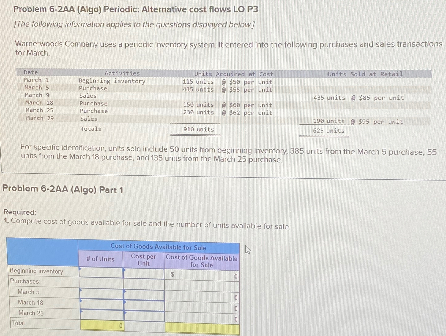 Solved Problem 6-2AA (Algo) ﻿Periodic: Alternative cost | Chegg.com