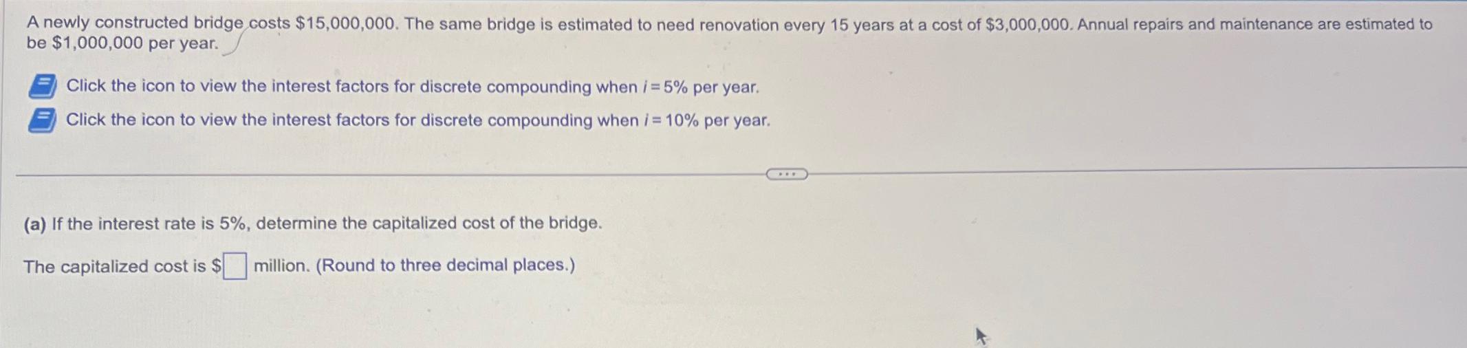 Solved A newly constructed bridge costs $15,000,000. ﻿The | Chegg.com