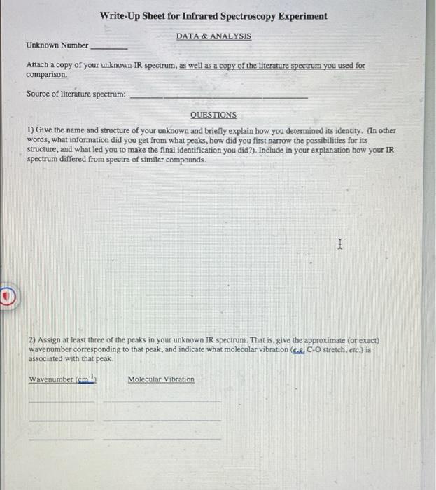 Solved Write-Up Sheet for Infrared Spectroscopy Experiment | Chegg.com
