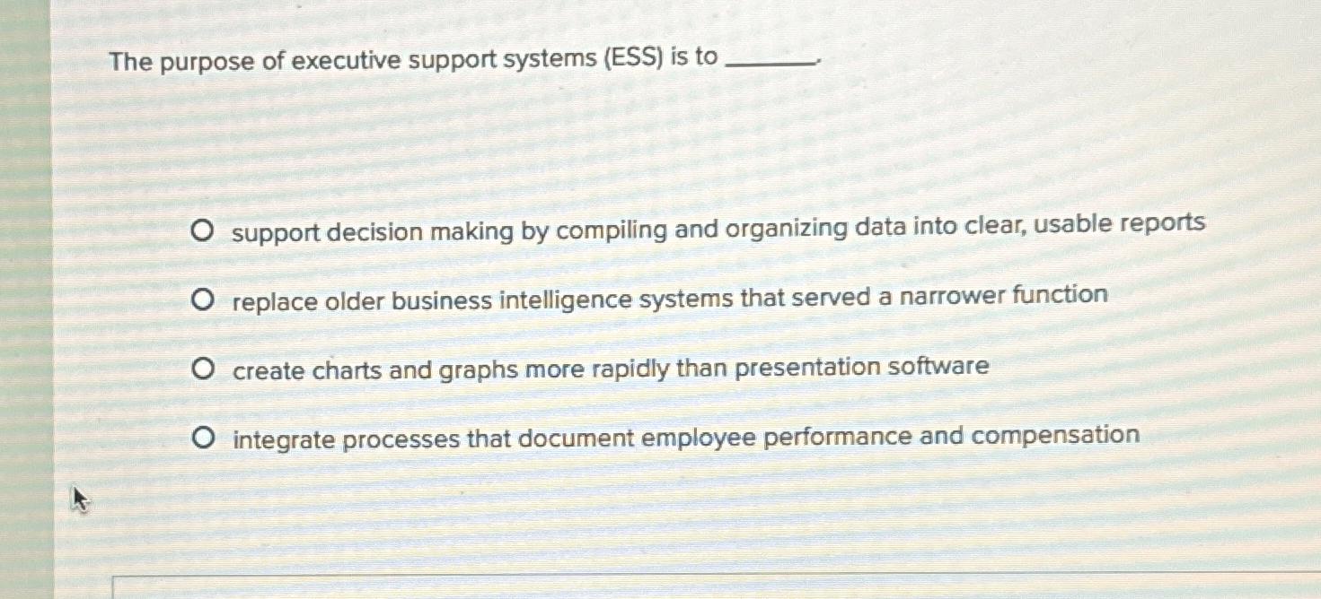 Solved The purpose of executive support systems (ESS) ﻿is | Chegg.com
