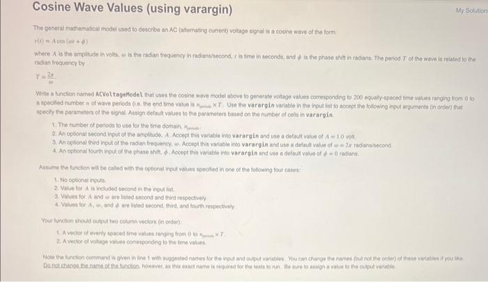 Cosine Wave Values (using varargin) The peneral | Chegg.com