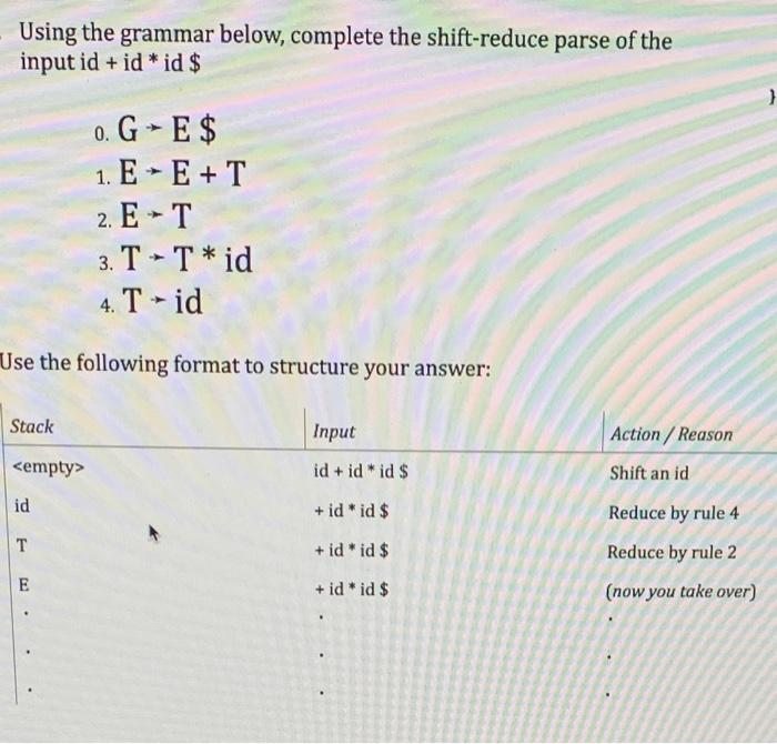Solved Using the grammar below, complete the shift-reduce | Chegg.com