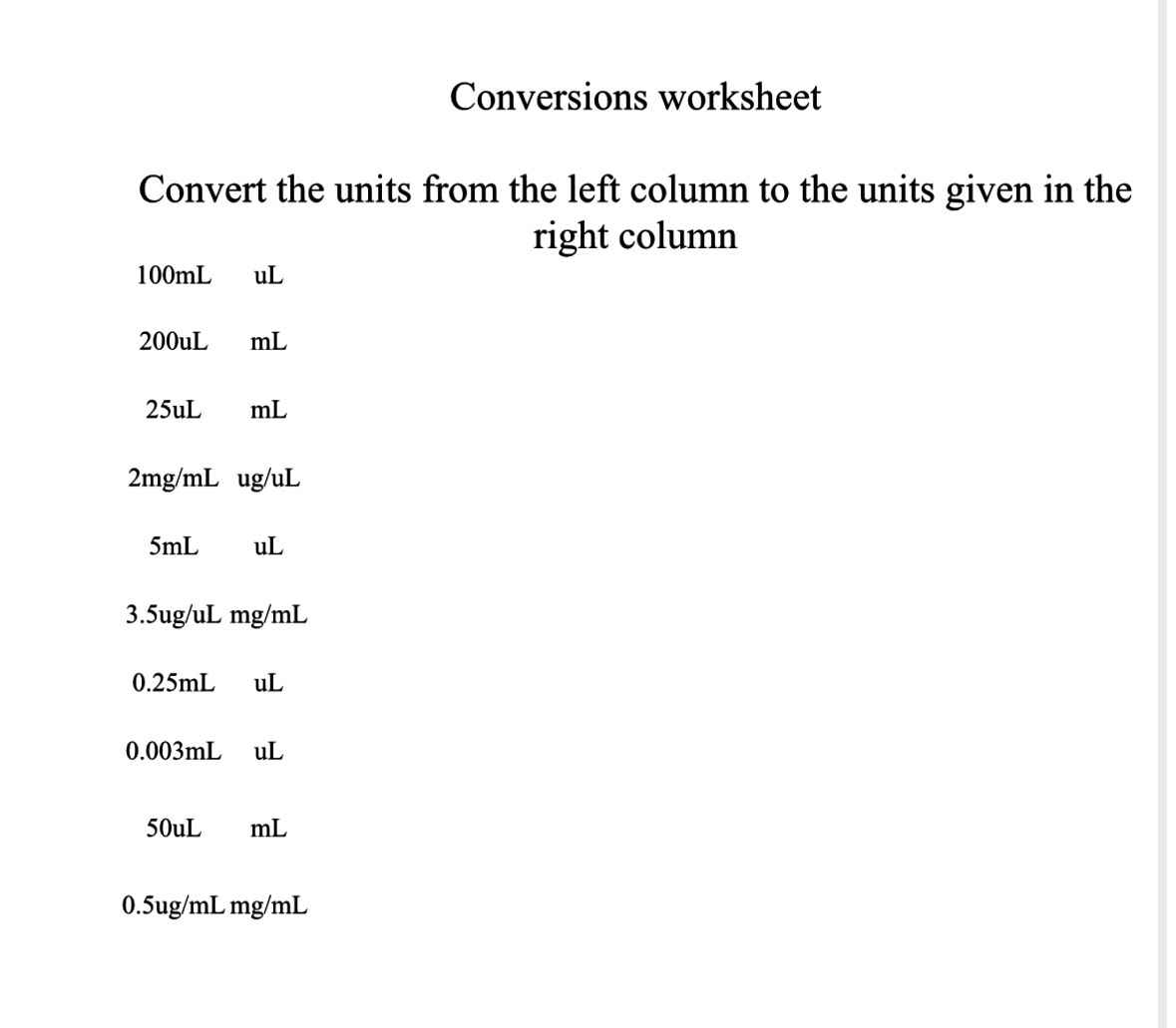 Solved Conversions worksheetConvert the units from the left | Chegg.com