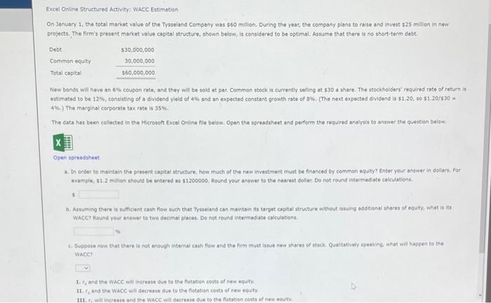 Solved Excel Online Structured Activity: WACC Estimation On | Chegg.com