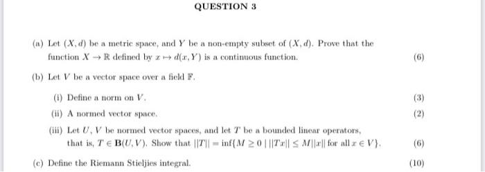 Solved (a) Let (X,d) be a metric space, and Y be a non-empty | Chegg.com