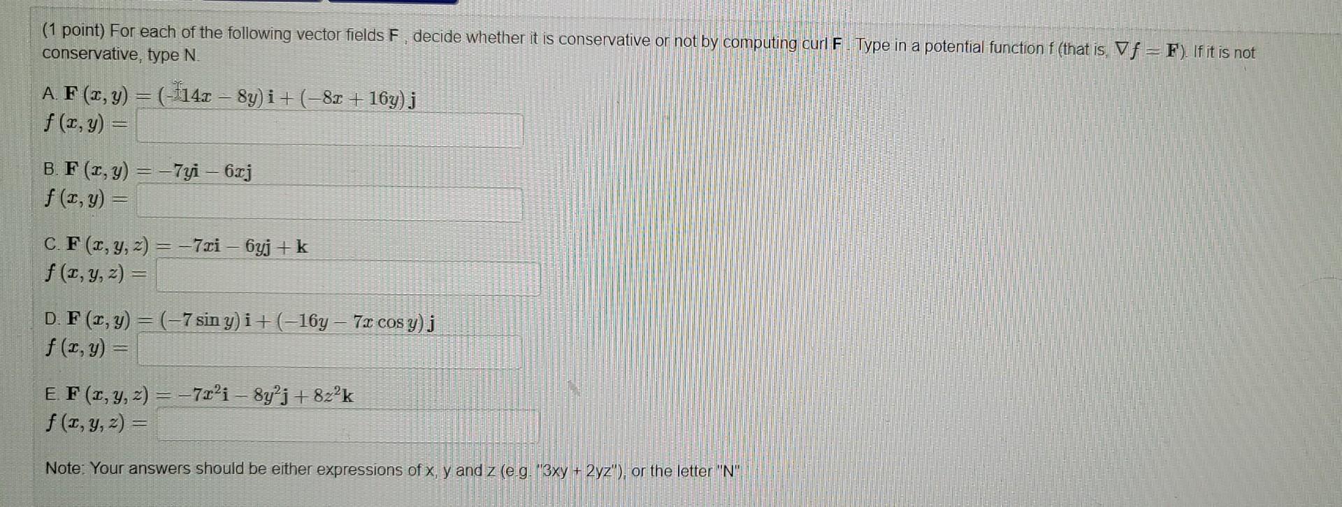 Solved ( 1 point) For each of the following vector fields F, | Chegg.com