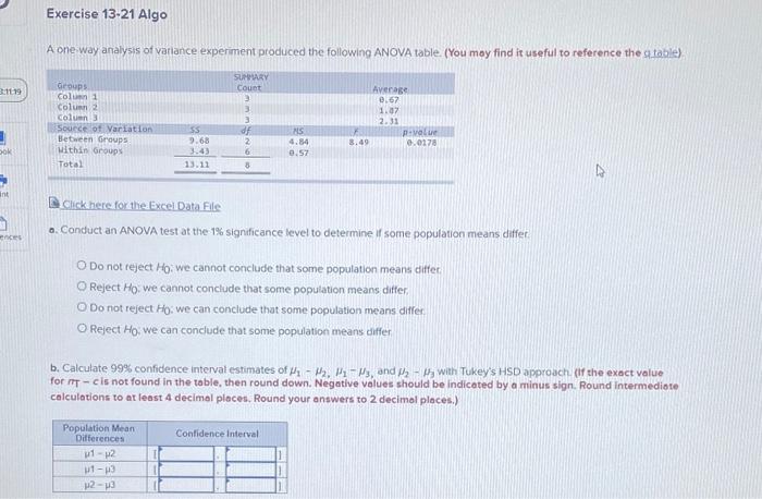 Solved Exercise 13-21 Algo A one way analysis of variance | Chegg.com