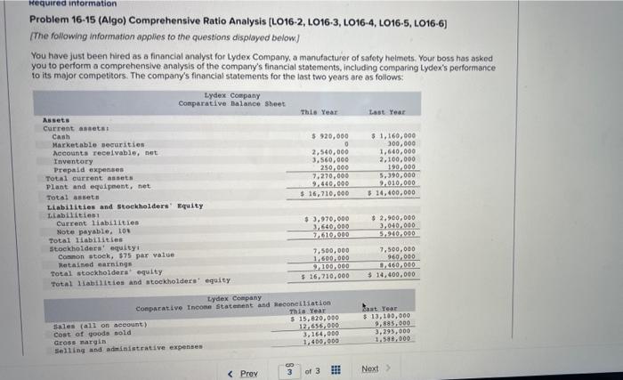 Solved Problem 16-15 (Algo) Comprehensive Ratio Analysis | Chegg.com