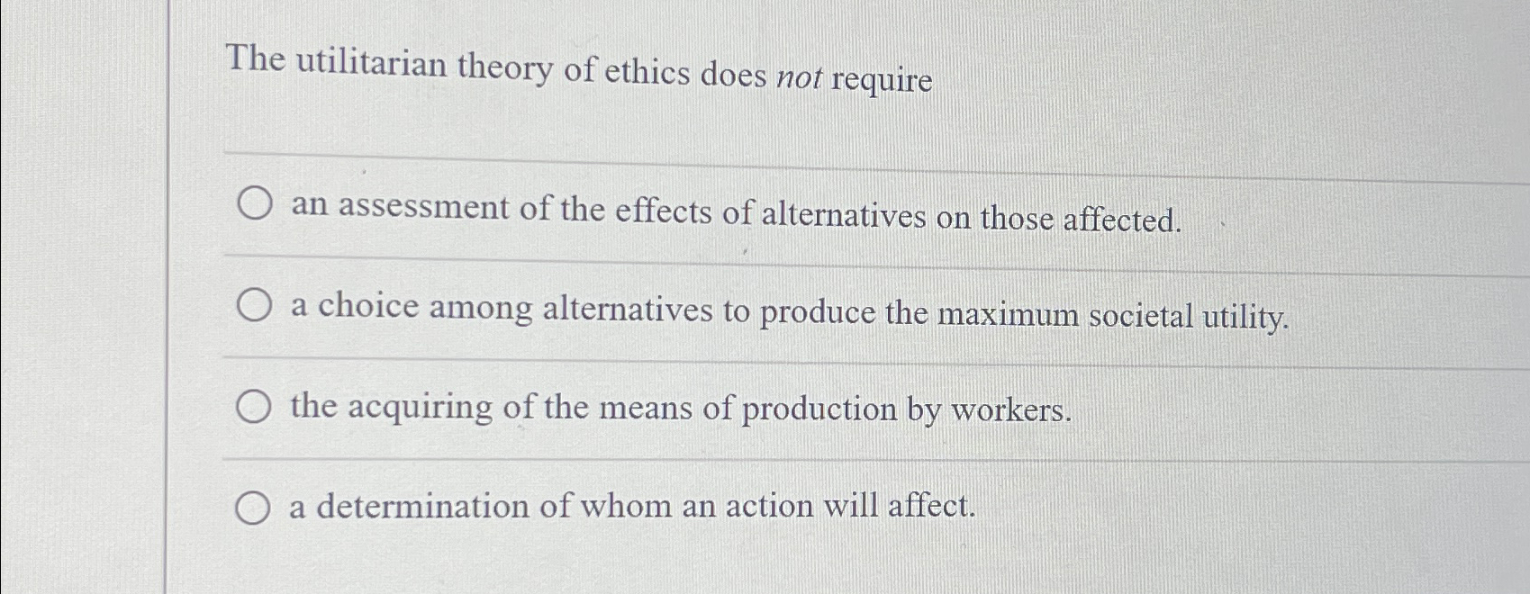 Solved The utilitarian theory of ethics does not requirean | Chegg.com