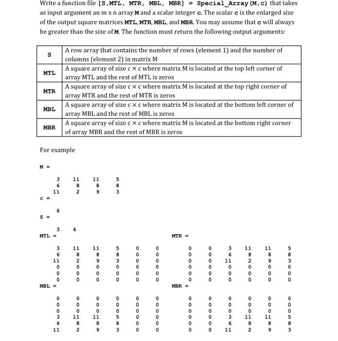 Solved Write a function file [S, MTL, MTR, MBL, MBR ]= | Chegg.com