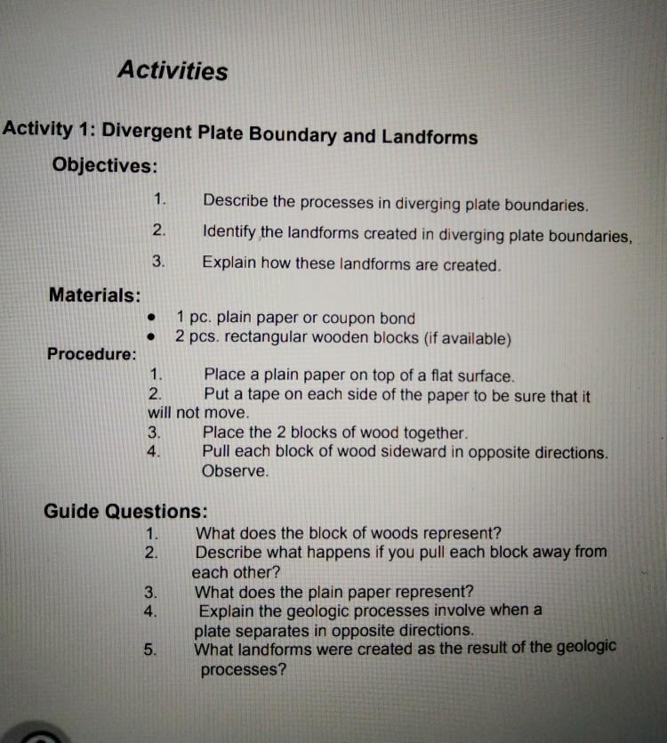 Solved Activities Activity 1: Divergent Plate Boundary and | Chegg.com