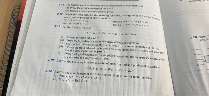 Solved dowed by 2.16 The logical sum of all minterms of | Chegg.com