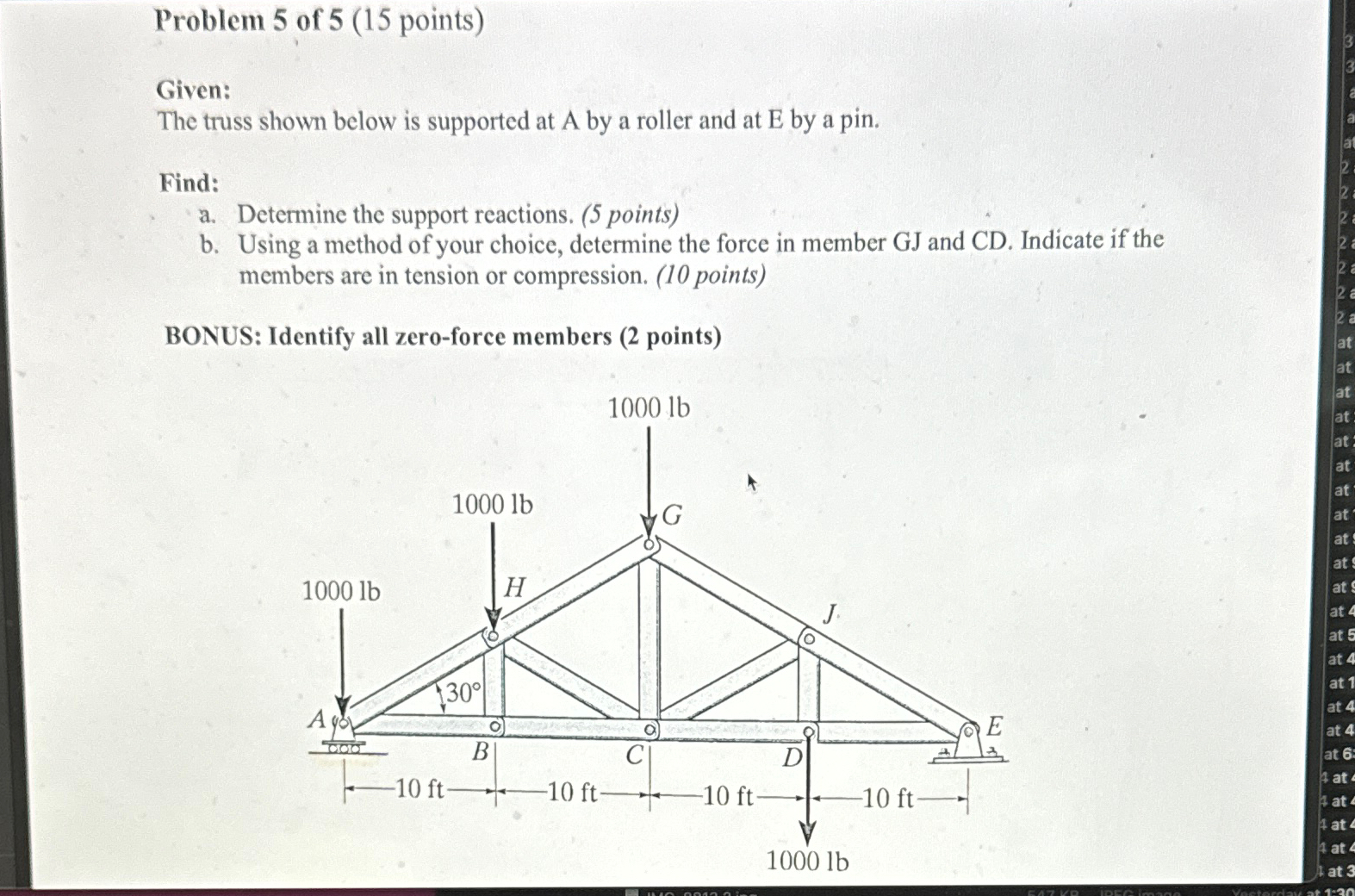 Solved Problem 5 ﻿of 5 (15 ﻿points)Given:The truss shown | Chegg.com