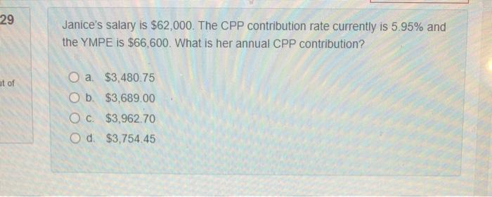 Solved Janice's salary is $62,000. The CPP contribution rate | Chegg.com
