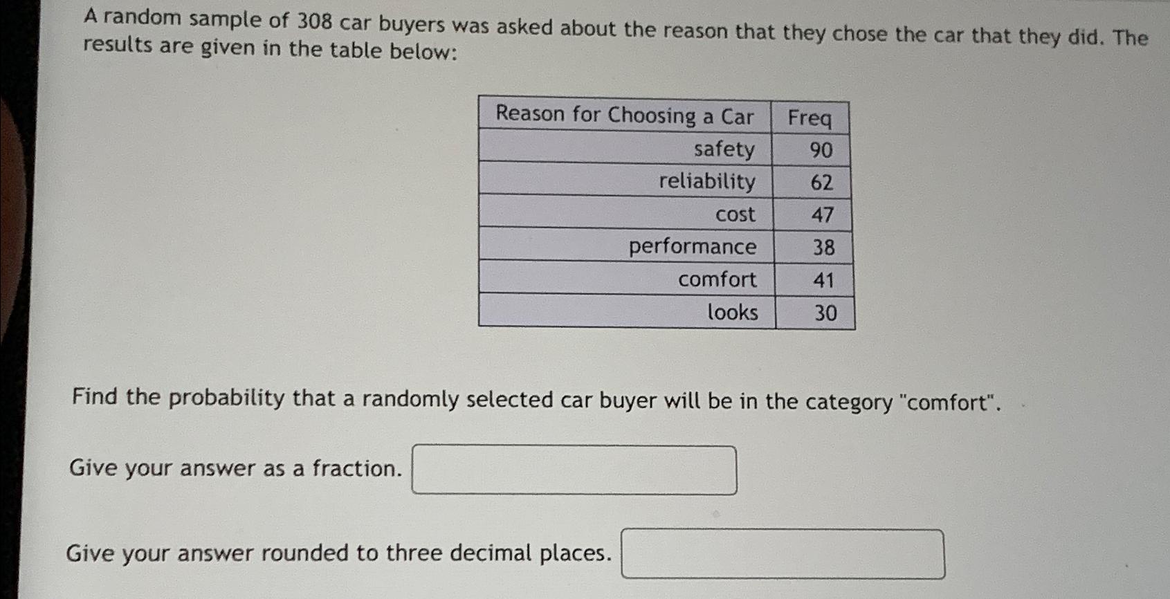 Solved A random sample of 308 ﻿car buyers was asked about | Chegg.com