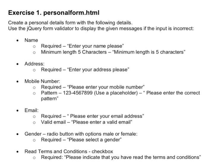 Solved Exercise 1. personalform.html Create a personal | Chegg.com