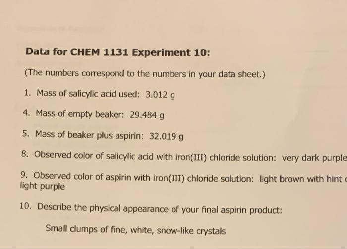 Solved Data for CHEM 1131 Experiment 10: (The numbers | Chegg.com