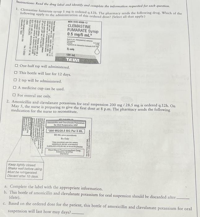 Solved InstructionsRead the drug label and identify and | Chegg.com