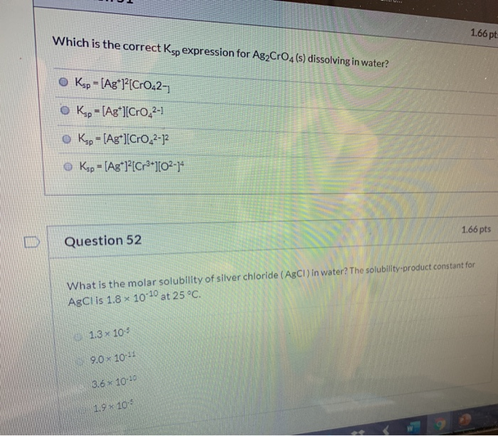Solved 1.66 pt Which is the correct Ksp expression for Ag | Chegg.com