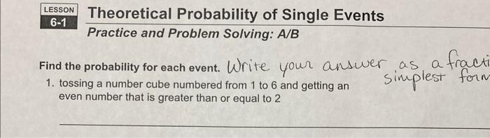 Solved LESSON Theoretical Probability of Single Events 6-1 | Chegg.com
