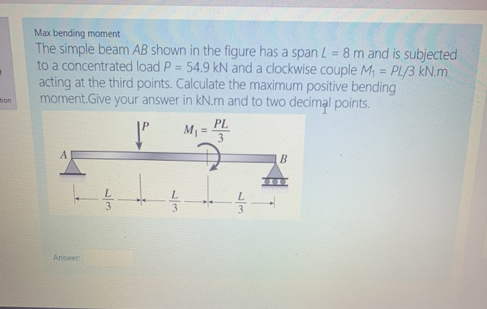 Solved Max bending moment The simple beam AB shown in the | Chegg.com