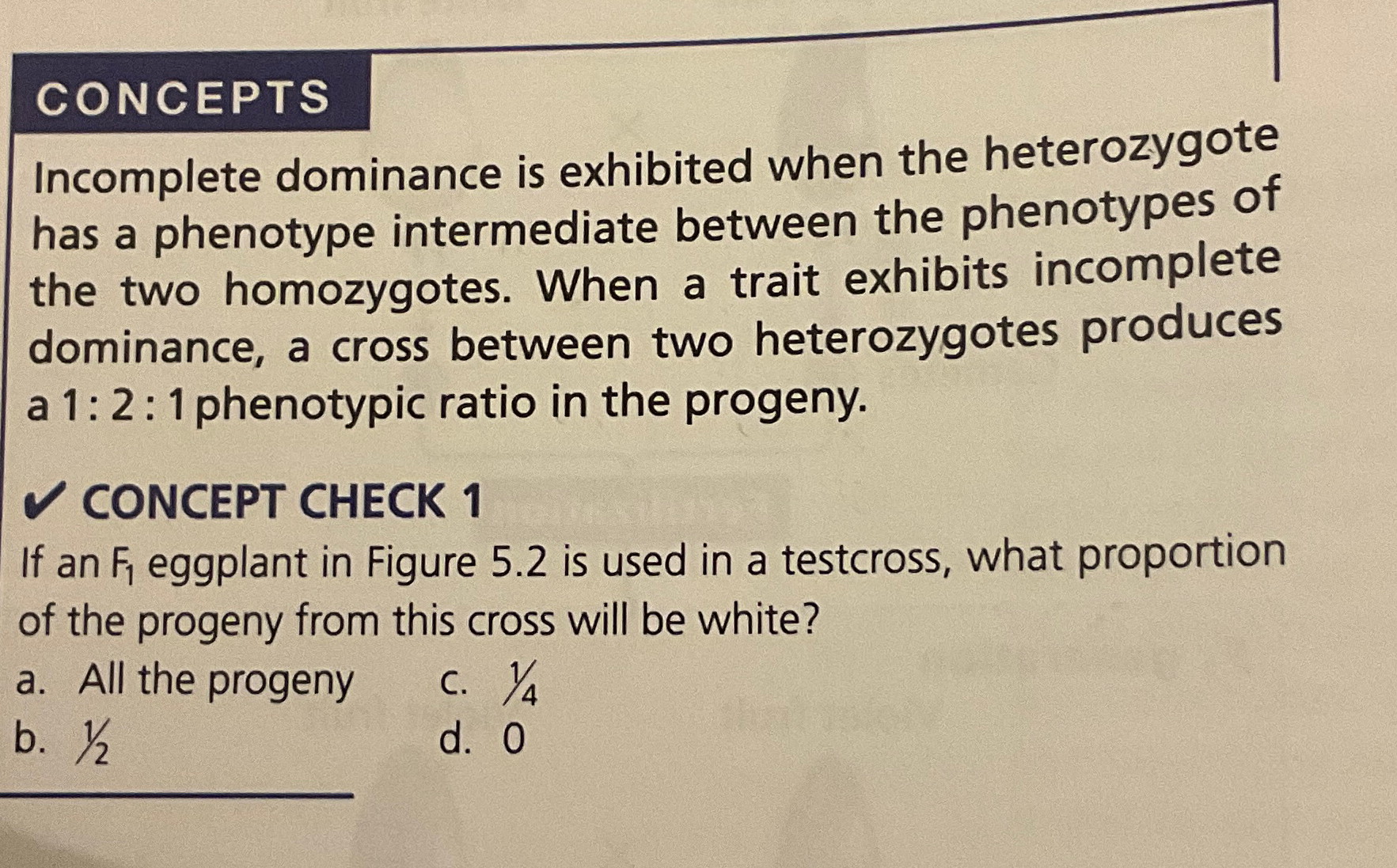 Solved CONCEPTSIncomplete dominance is exhibited when the | Chegg.com