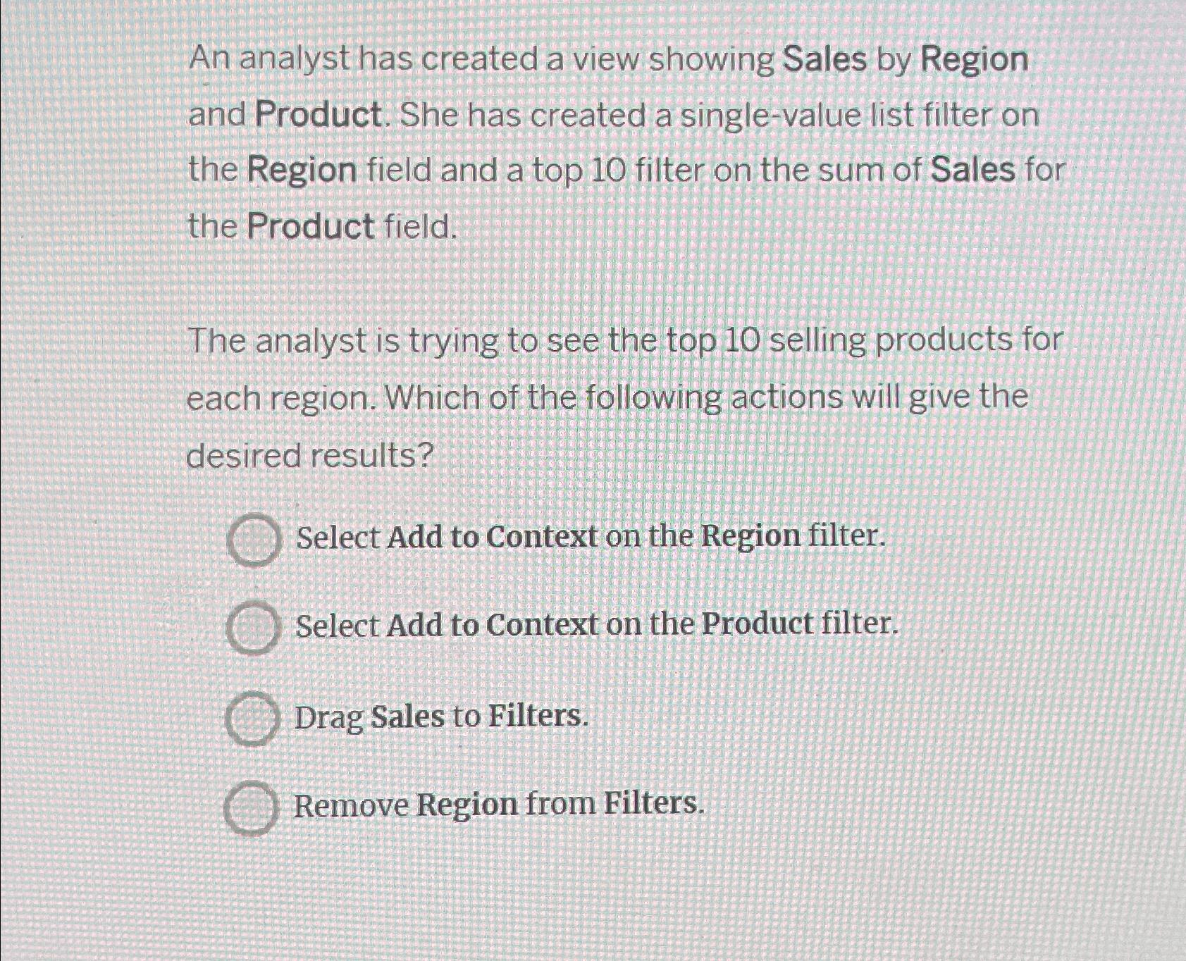 Solved An analyst has created a view showing Sales by Region | Chegg.com
