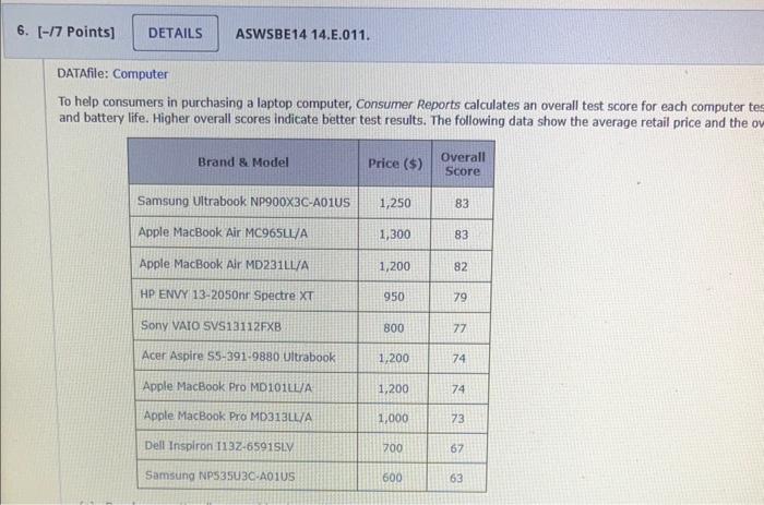 Solved To help consumers in purchasing a laptop computer, | Chegg.com