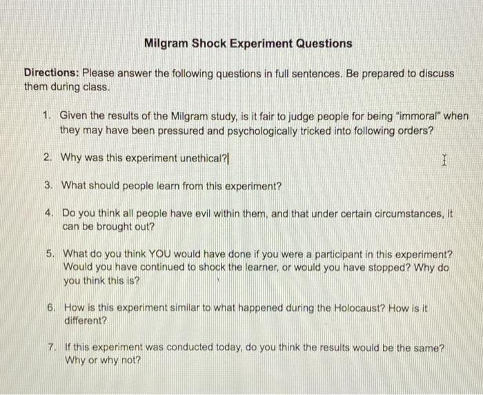 Solved Milgram Shock Experiment Questions Directions: Please | Chegg.com