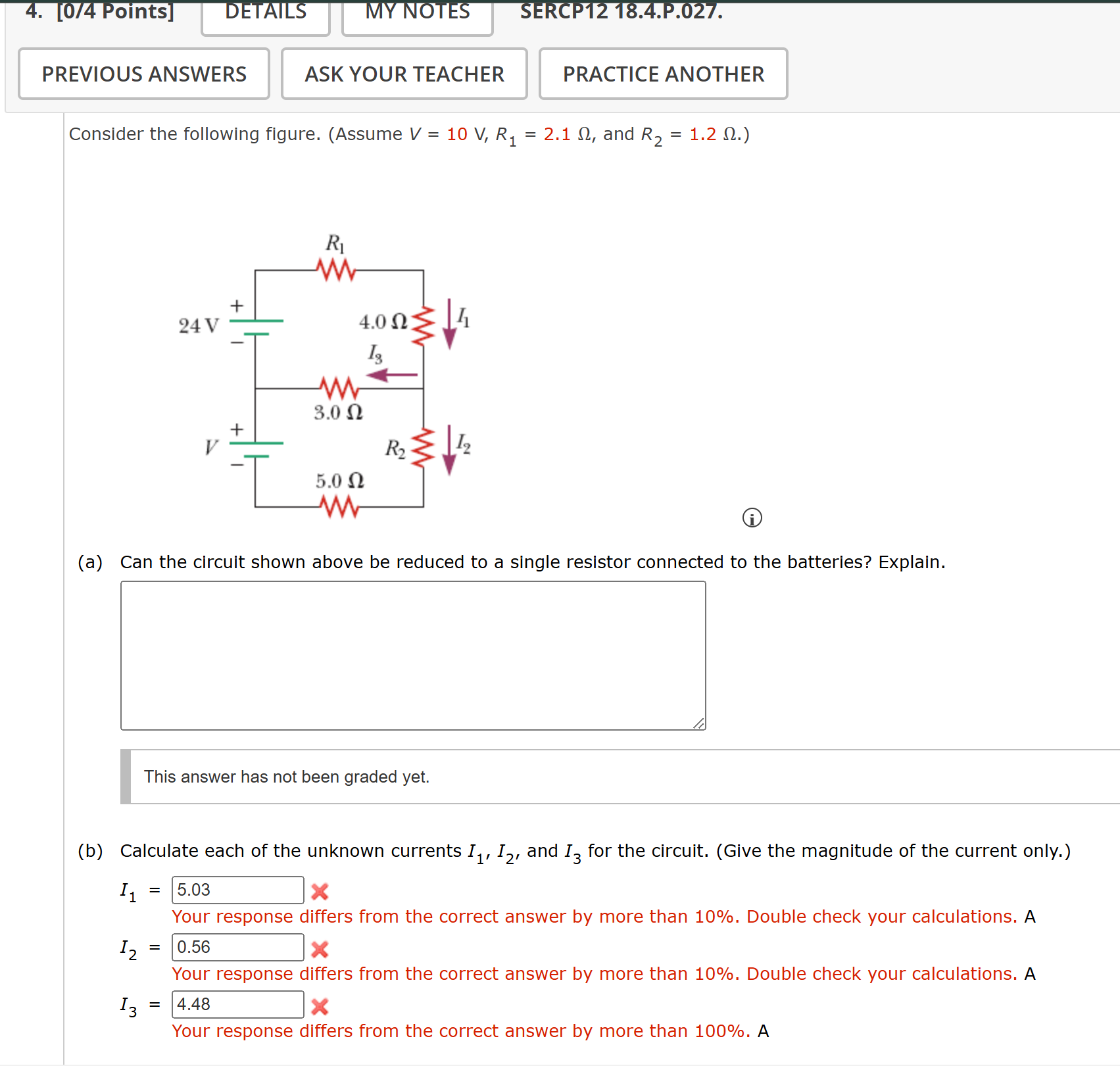 (b) ﻿Calculate each of ﻿the unknown currents I1,I2, | Chegg.com