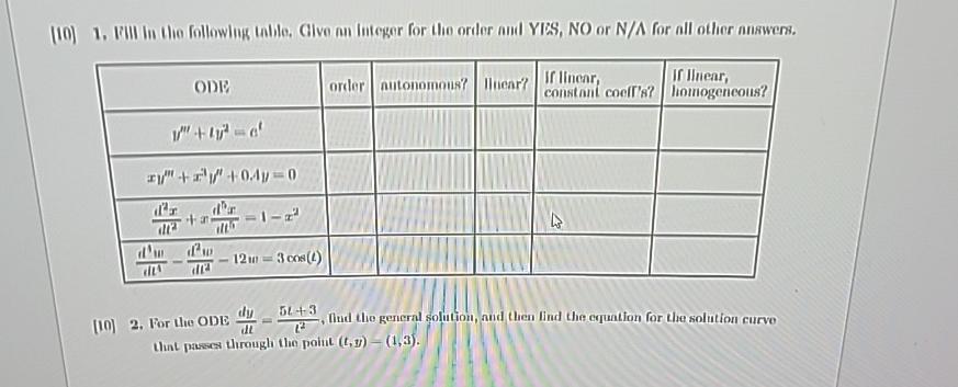 Solved \table[[ODR,oriler,autonomous?,Illiear?,\table[[If | Chegg.com