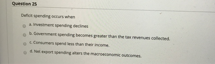 Solved Question 25 Deficit spending occurs when a. | Chegg.com Solved Question 25 Deficit spending occurs when a. | Chegg.com