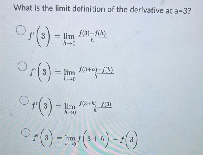 Solved What is the limit definition of the derivative at a=3 | Chegg.com