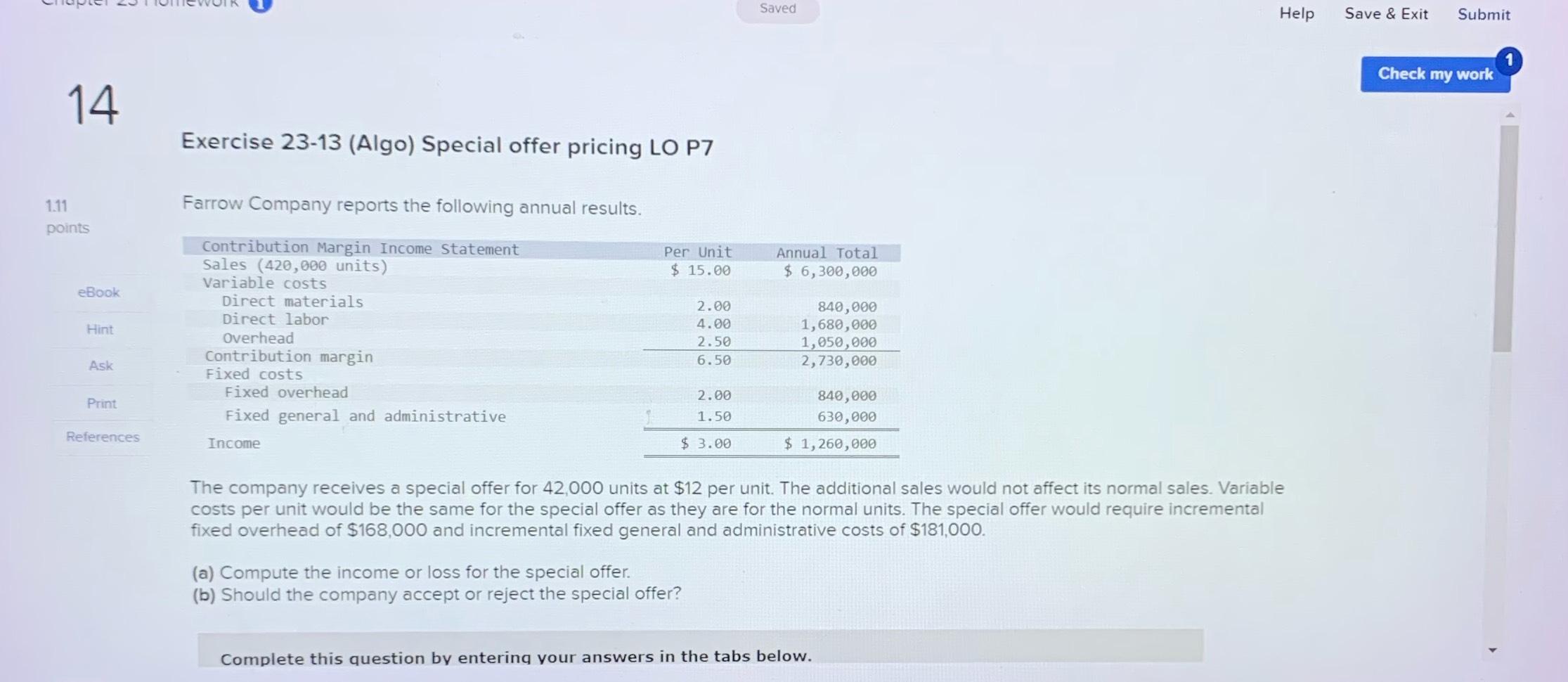 Solved Exercise 23-13 (Algo) ﻿Special offer pricing LO | Chegg.com