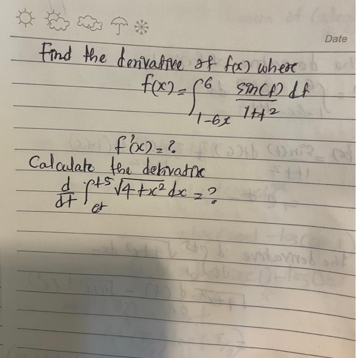 Solved f(x)=∫1−6x61+t2sin(t)dtf′(x)=? lallate the detivatix | Chegg.com